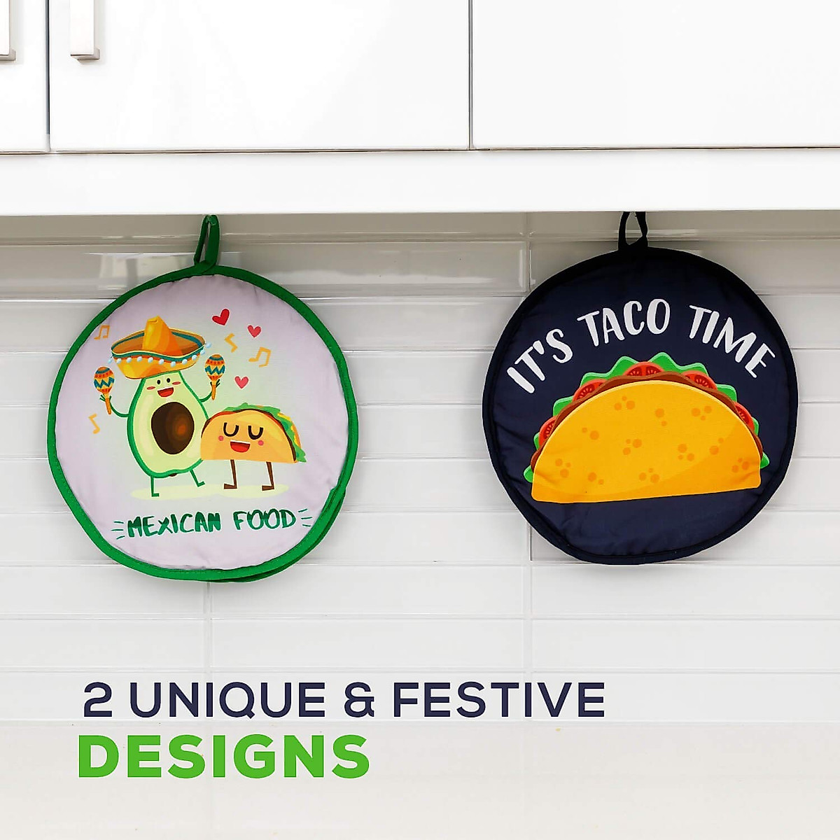 Microwaveable X-Large Tortilla Warmer Pouch 2 Pack - 2 Fun Designs "Taco Time" & "Mexican Food" to make taco night special. 12 Inch in Diameter Microwave Corn or Flour Tortillas, Pizza, Naan Bread