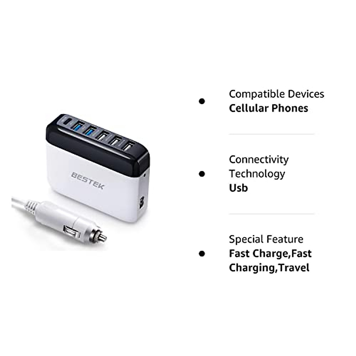 BESTEK Multi Ports USB Car Charger, Fast Charge 86W 9A Quick Charge 3.0 & USB-C PD Car Charger Adapter with Smart Identification for Cell Phones, Tablets and Other USB Devices