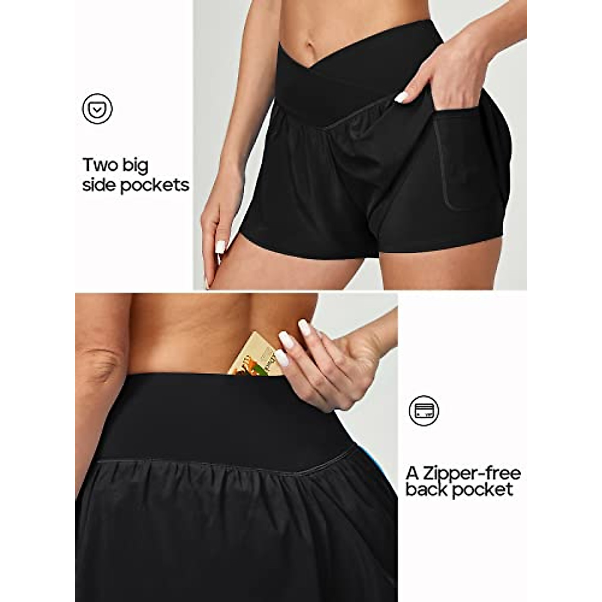 Ewedoos Crossover Flowy Athletic Shorts for Women with 3 Pockets 2 in 1 Butterfly Shorts High Waisted Running Shorts Black