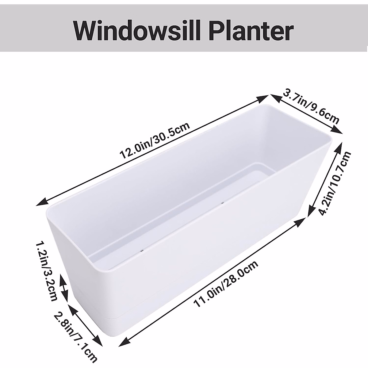 GREANER Flower Boxes, 3 Pack 12x3.8 Inch Rectangle Window Boxes, Herb Planters with Tray, Indoor Succulent Cactus Flowers Plastic Drawable Pot for Windowsill, Garden, Balcony, Office Outdoor (White)