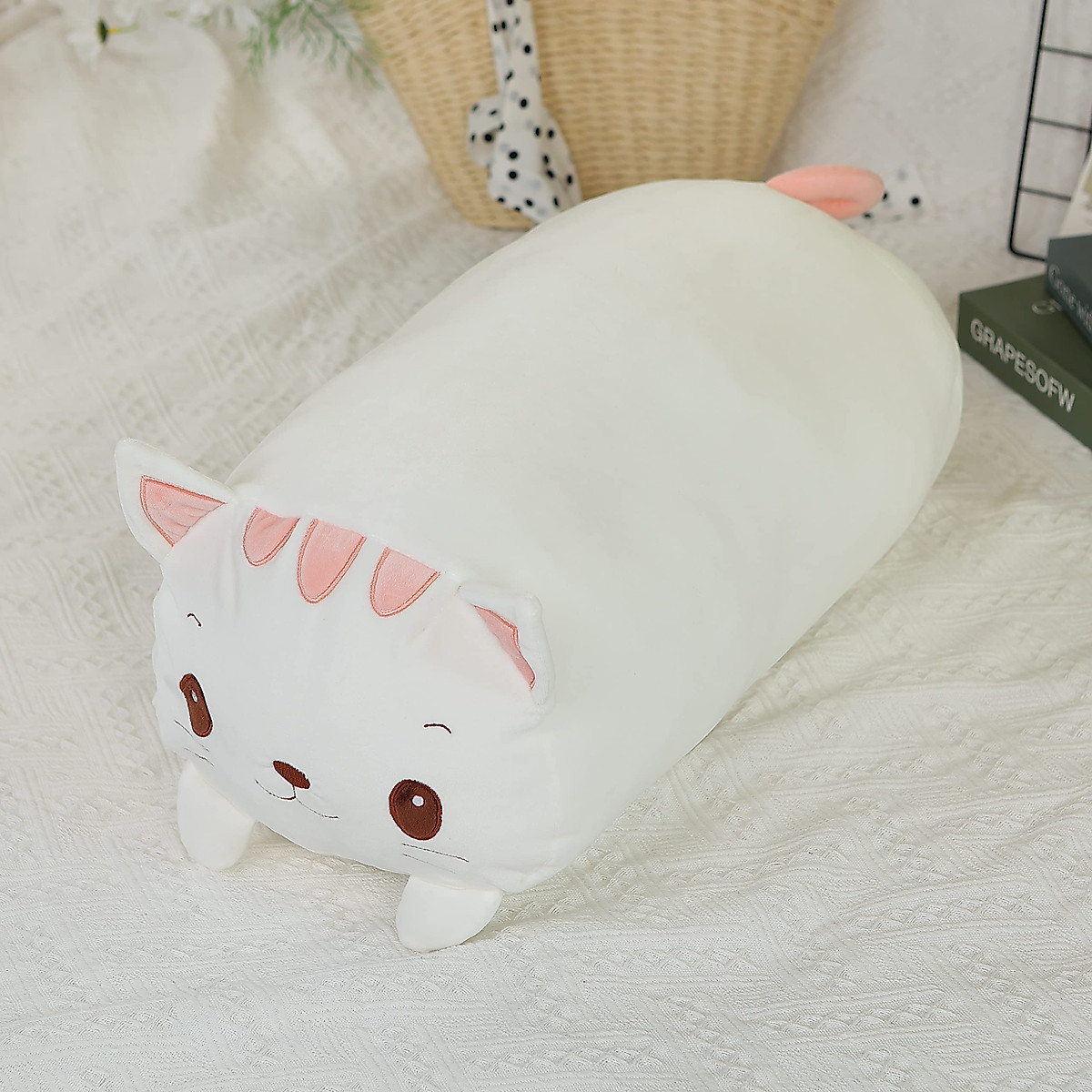 TemBe 23.6 inch Cute Large Cat Plush Stuffed Animal Pillow, Very Soft Squish Mellow Hugging Toy Gifts for Bedding, Kids Sleeping Cute Pillow (White Cat)