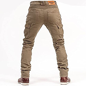 LOMENG Motorcycle Riding Pants Motorbike Motocross Cycling Jeans Safety CE Knee Hip Removable Armored All Seasons for Men Khaki 30