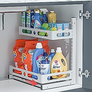 NETEL Under Sink Organizer,Pull Out Sliding Cabinet Basket Organizer 2 Tier Under Bathroom Storage Rack, Multi-Use for, Height Adjustable, With PP Frosted Pad, With strong double-sided adhesive, White