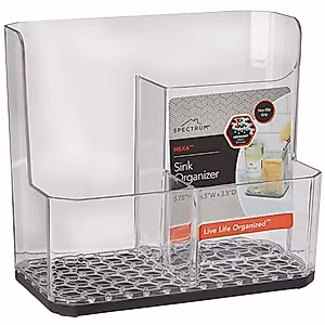 Spectrum Diversified Hexa, Kitchen Sponge, Easy-Clean Sink Organization & Dish Brush Holder with Removable Base, Clear & Gray