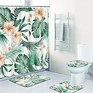 Tropical Palm Leaves Bathroom Sets with Shower Curtain and Rugs and Accessories, Tropical Flower Shower Curtain Set, Tropical Palm Shower Curtains for Bathroom, Tropical Floral Bathroom Decor 4 Pcs