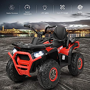 Costzon Kids ATV, 12V Battery Powered Electric Vehicle w/Safety Belt, LED Light, Music, Horn, 2 Speeds, USB/ MP3/TF, Treaded Tires, Ride on Car 4 Wheeler Quad for Boy & Girl Gift, Ride on ATV (Red)