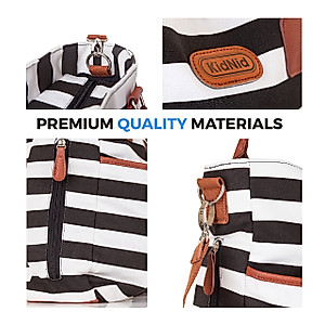 Kidnid Designer Baby Diaper Bag - Cotton Messenger Organizer Tote with Changing Pad, Black & White, 14-Inch