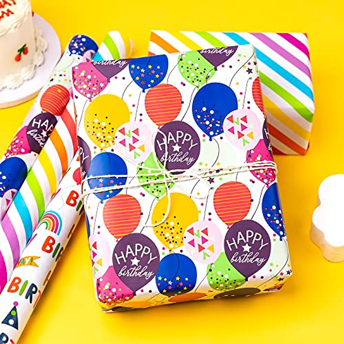 WRAPAHOLIC Birthday Wrapping Paper Roll - Mini Roll - 3 Rolls - 17 Inch X 120 Inch Per Roll - Colorful Balloons, Stripes, Happy Birthday for Party, Celebration, Baby Shower