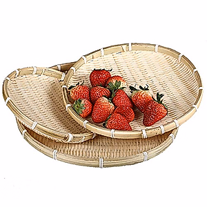 TimesFriend 100% Natural Handmade Woven Bamboo Basket Tray U Shape Holder Bulk Food Flat Shallow Basket Size 8inch 10inch 12inch 14inch 16inch Bulk for Customizing (Round, Set of 3)