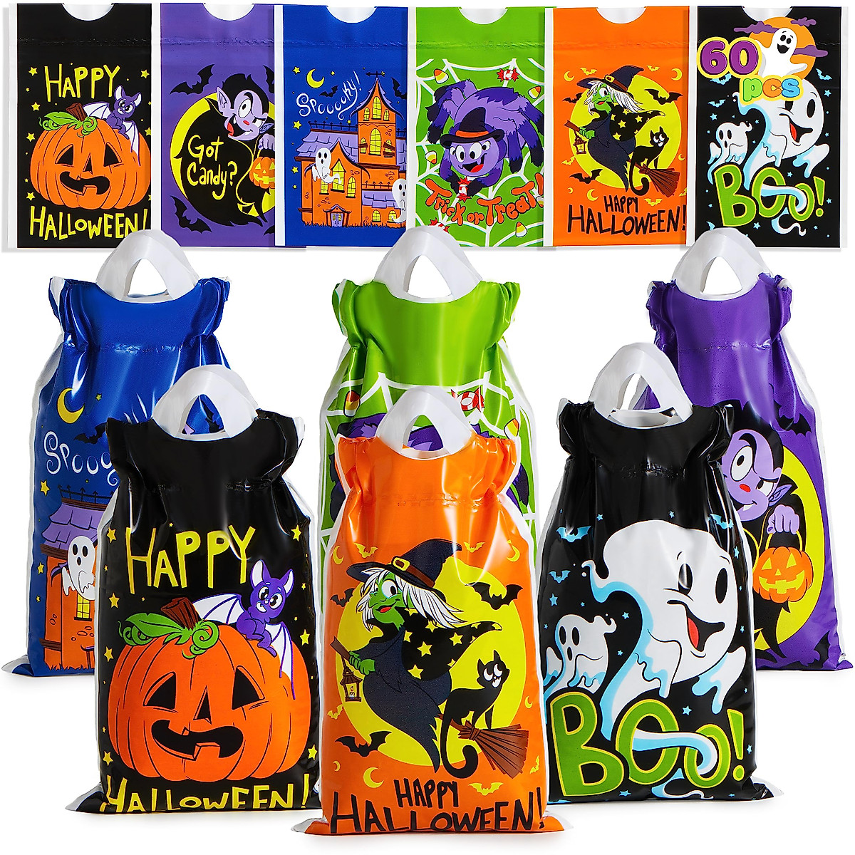JOYIN 60 Pcs Halloween Drawstring Treat Bags, Goodie Candy Trick or Treat Bags Bulk, 6 Design Goody Bags for Trick or Treating, Small Plastic Snack Gifts Bags for Kids Halloween Party Favors Supplies
