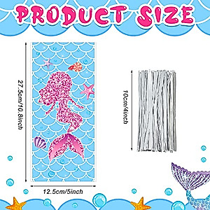 Hotop 100 PCS Mermaid Cellophane Bags Mermaid Gift Treat Bags Mermaid Goodie Candy Bags 150 Ties Mermaid Party Favor Bags Birthday Party Decorations Supplies Mermaid Theme Baby Shower Party Serves