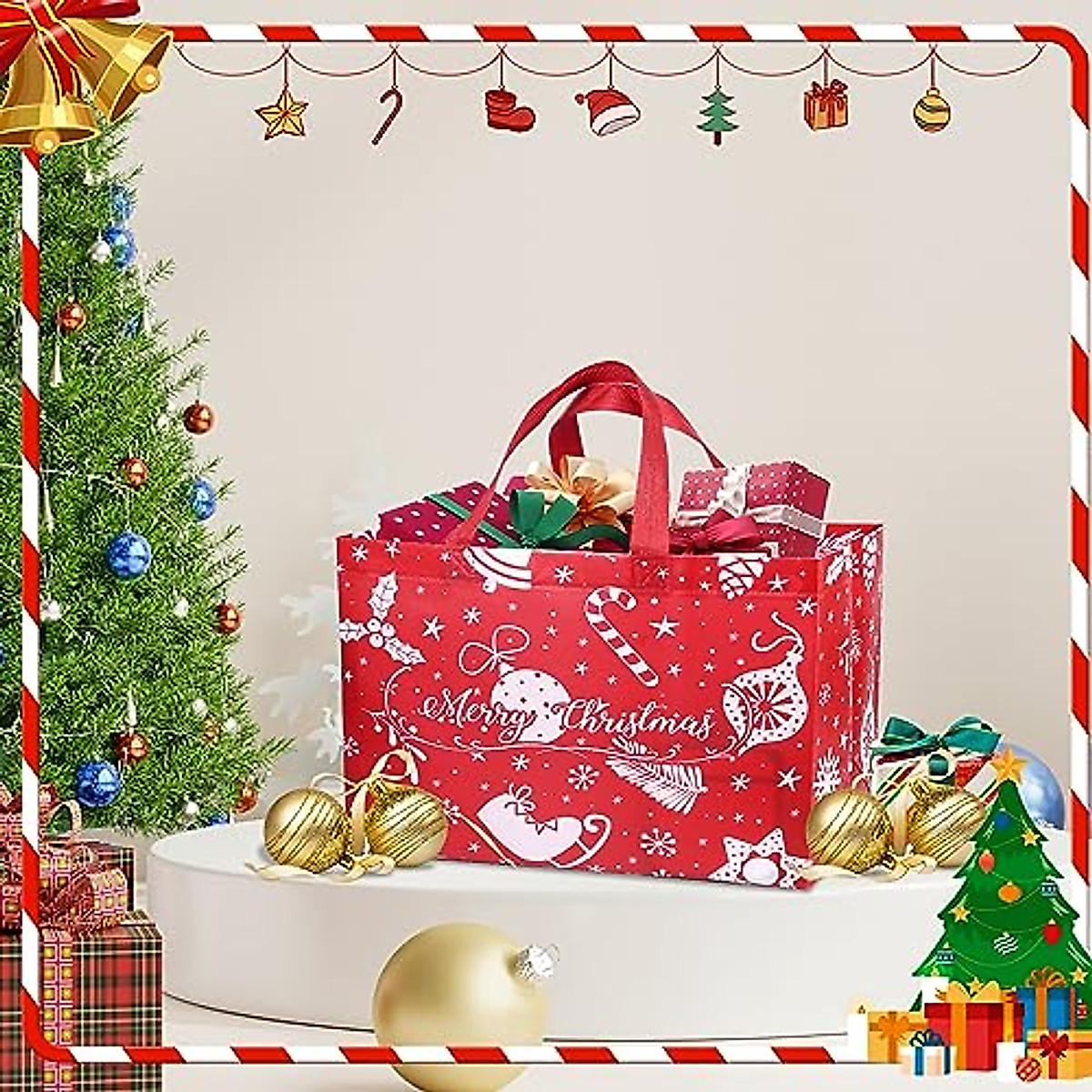 emzrivo Christmas Gift Bags 8 Pack Large Christmas Tote Bags with Handle, Christmas Treat Bags Reusable Non-Woven Holiday Gift Bags for Xmas Gifts Wrapping Christmas Party Supplies, 12.8"×9.8"
