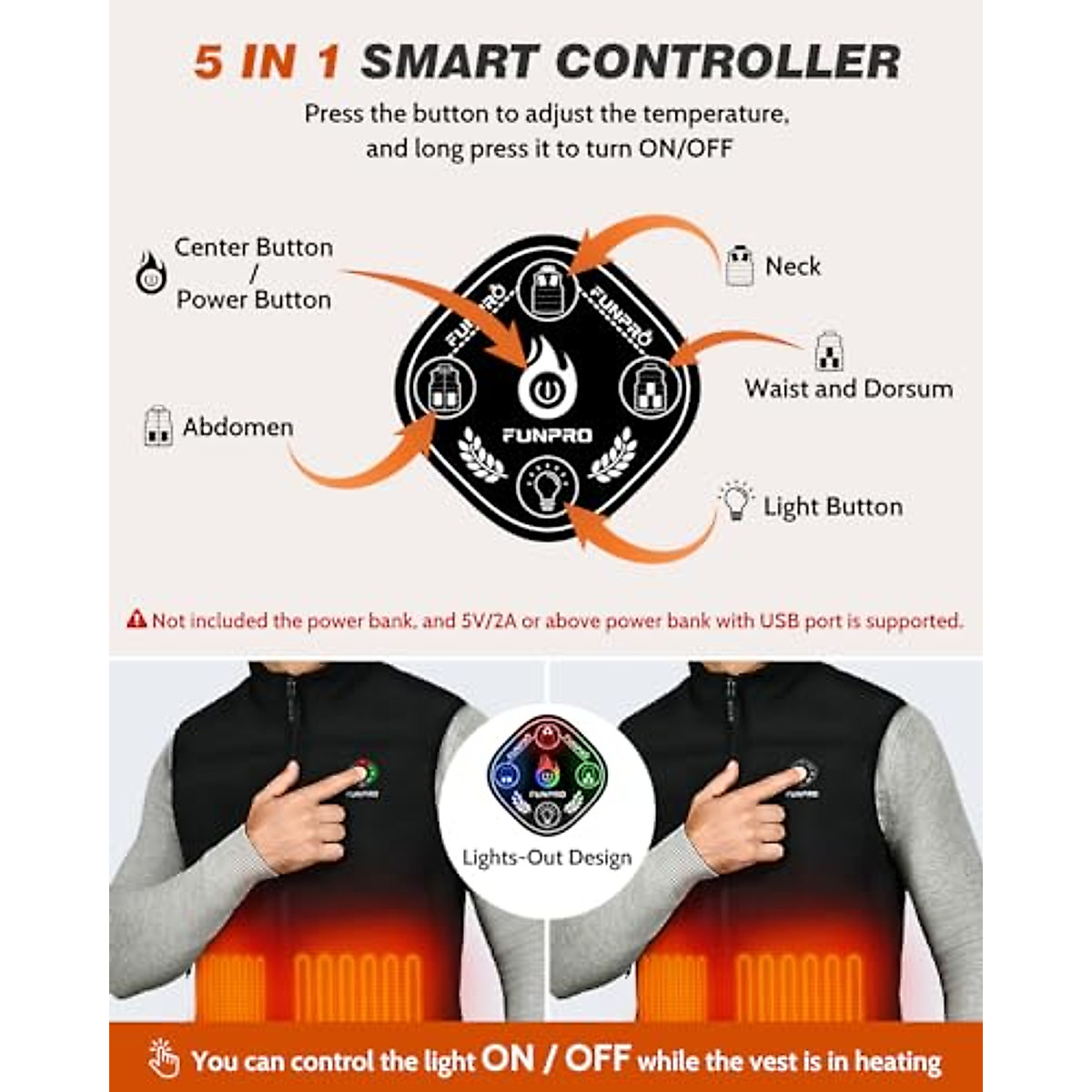 FUNPRO Heated Vest for Men Women, Windproof Electric Heating Vest, Softshell Sleeveless Sports Jacket, Battery Not Included