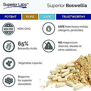 Superior Labs Boswellia Extract - Pure Non GMO Boswellic 65% Acids. Superior Absorption Zero Synthetic Additives - Powerful Formula Joint, Knees, Hips, Immune, 500mg SVG, 240 Veg Capsules