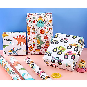 CAMKUZON Birthday Wrapping Paper Rolls for Kids Boys Girls Baby Shower Holiday - Cartoon Dinosaur, Monster Truck and Happy Party Designs Gift Wrap - Pack of 3, 17.7 Inch X 10 Feet Per Roll