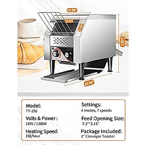 Commercial Conveyor Toaster 150 Slices/Hour 110V Heavy Duty Restaurant Toaster Electric Countertop Belt Machine for Home Office Bread Bagel Breakfast Food