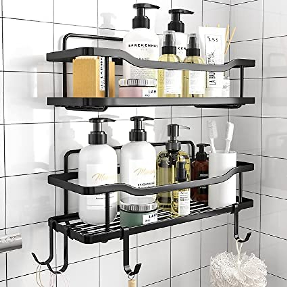 Tipoko - 2-Pack Adhesive Shower Caddy - No Drilling, Wall Mounted, And Rustproof Stainless Steel Shower Organizer for Shower & Kitchen With Hooks - (Black Shower shelves)
