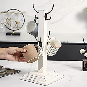 MyGift Vintage White Wood Tabletop Coffee Mug Holder Hanging Tree Rack with 4 Antique Brass Tone Double Hooks