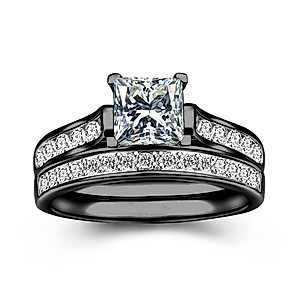 Couple Rings Set 2in1 Black Bridal Ring Matte Black Groove Ring His and Hers Wedding Ring Sets for Lover Anniversary Engagement Promise Rings Bridal Sets