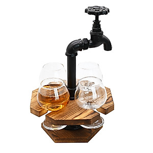 Owlgift Industrial Pipe & Burnt Wood Beer/Whiskey Flight Set with 4 Glasses, Cast Iron Faucet Spigot Design