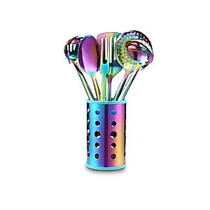 Marco Almond® Kitchen Utensil Set, Stainless Steel Cooking Utensils Sets with Titanium Plated, 7 PCS Kitchen Turner, Serving Spoon, Ladle, Skimmer Spoons, Fork, Pasta Server and Holder, Rainbow
