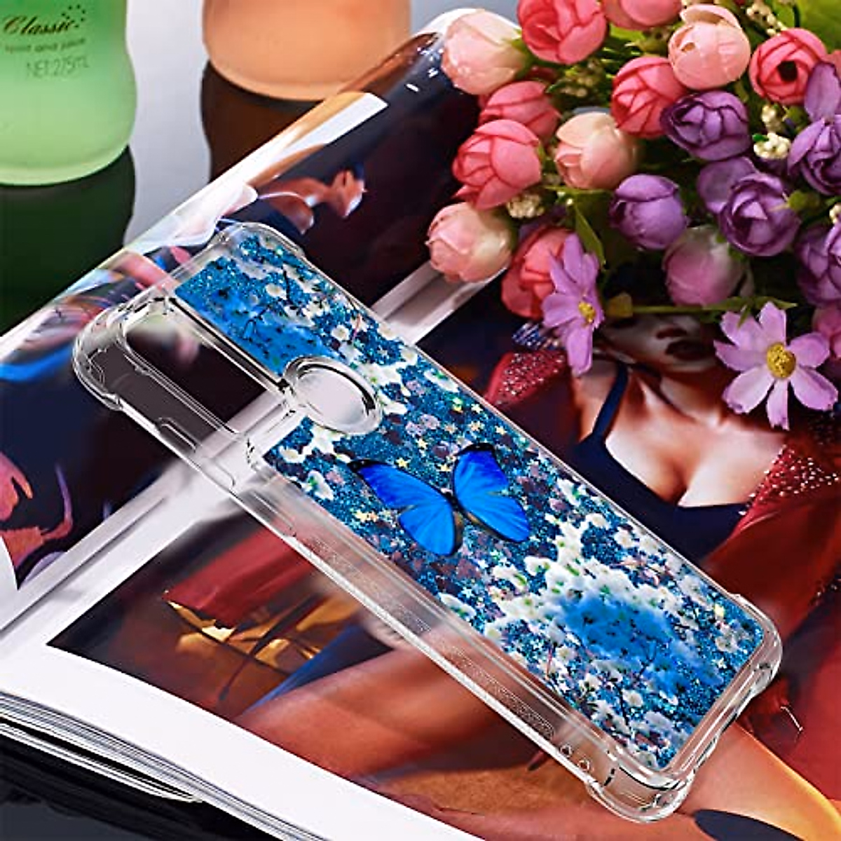 CAIYUNL for Moto G Pure Case with Glass Screen Protector,Moto G Power 2022 Case Glitter Bling Floating Liquid Cute Women Girls Soft TPU Phone Case Cover for Motorola G Pure/G Power 2022-Blue Butterfly