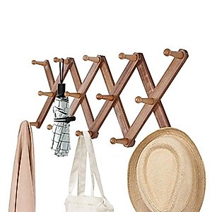 OROPY Wood Accordion Wall Hanger, Expandable Coat Rack Wall Mount with 14 Pegs, Expanding Hat Rack for Wall, X Shape, 27"×10", Natural Color