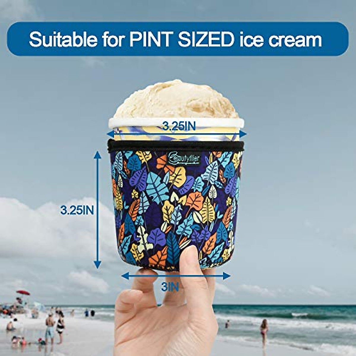 Beautyflier 2-Pieces Pint Sized Ice Cream Cozy Thicken Neoprene Ice Cream Sleeves with Elastic Handle Cover (Geometry + Plant)