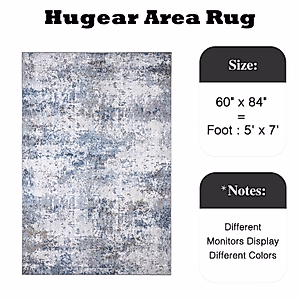 HUGEAR 5x7 Washable Rugs Grey Blue Hallway Area Rug Indoor Accent Rug Abstract Non Slip Low Pile Carpet Distressed Throw Aesthetic Rug for Bedroom Living Room Office Dining Room Kitchen Laundry Room