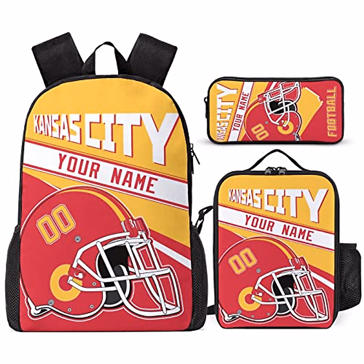 mdbozli Kansas City Custom Football Backpack 3 Piece Set Add Your Name And Nume School Bag with Lunch Box and Pen Case Set Gift for Boys Girls