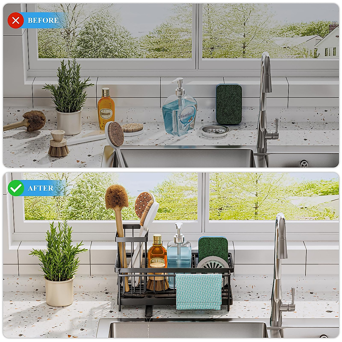 Spoge Holder for Kitchen Sink - Sink Caddy with Long Brush Holder & Divider, SUS304 Stainless Steel Kitchen Sink Organizer, Dish Soap Dispenser Kitchen Organization and Storage Accessories