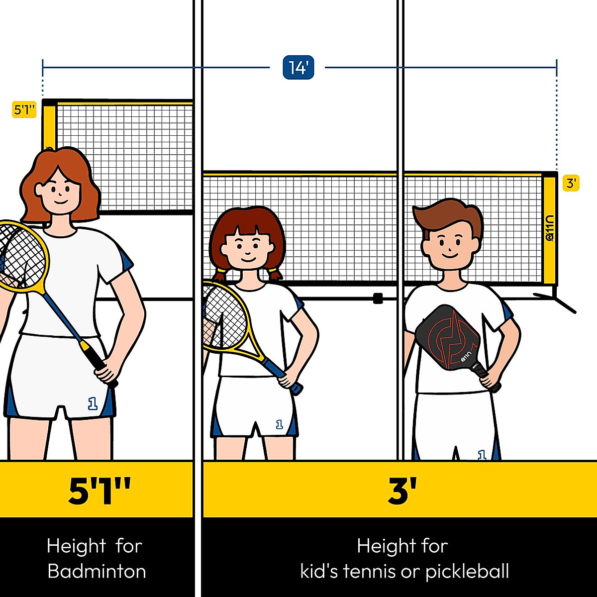 A11N 14ft Badminton Pickleball Net - Height Adjustable for Junior Tennis, Soccer Tennis & Kids Volleyball - Portable for Indoor & Outdoor Play