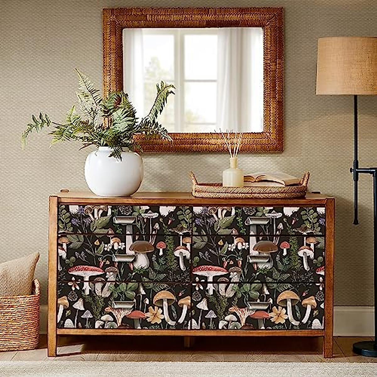 Adhesive Shelf Liner,Boho Mushroom Contact Paper for Cabinets,Vinyl Film Decorative Drawer Liner for Bedroom Dresser Sticker 17.3 inch x 118 inch (Boho Mushroom, 17.3 inch x 118 inch)