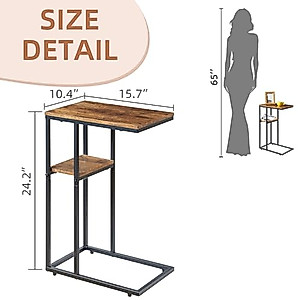 Somdot Side Table, Sofa End Table with Storage Shelf, C Shaped TV Tray Table, Serving Snack Table for Couch Bed, Easy Assembly - Rustic Brown/Black