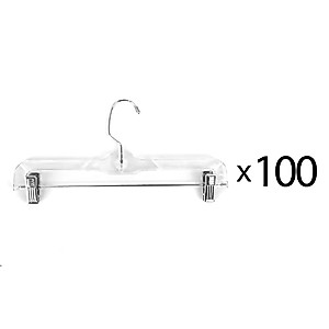 Super Heavy-Duty 14 inch Wide Clear Plastic Skirt or Pant Hangers with Swivel Hook and Adjustable Clips (Quantity 100) (Clear)