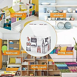 CaTaKu London Retro Storage Bins with Lids and Handles, Fabric Large Storage Container Cube Basket with Lid Decorative Storage Boxes for Organizing Clothes
