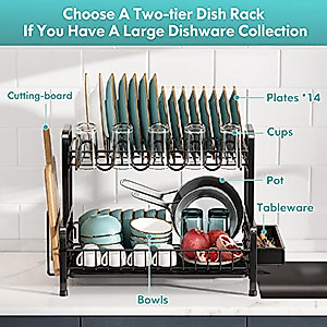 BOOSINY Dish Drying Rack and Drainboard Set for Kitchen Counter, 2 Tier Large Stainless Steel Sink Organizer Dish Racks with Cups Holder, Utensil Holder, Dish Strainer Shelf (Black)