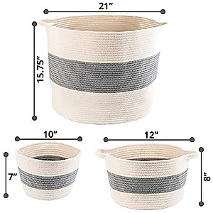 LITTLE HIPPO 3 Pcs Big Blanket Basket Living Room - (21"x16") Extra Large Rope Woven Baskets for Storage | 100% Natural Cotton Decorative Toy Basket with Handles | Boho Laundry Basket for Floor