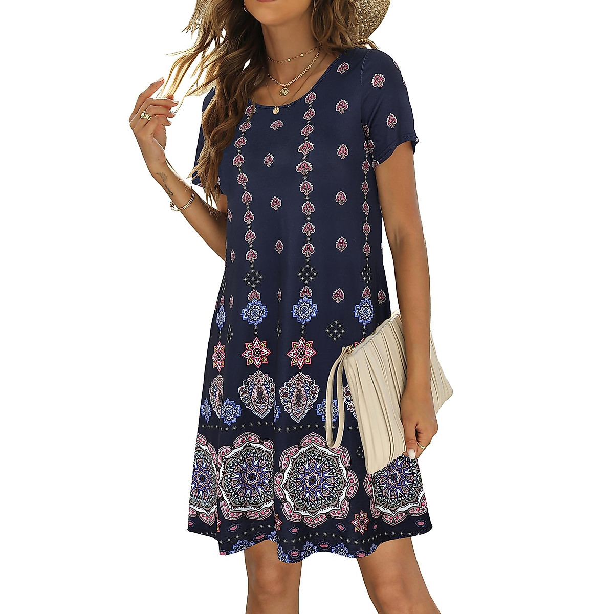 Sherosa Women's Easter Dresses Floral Sun Dresses Summer Casual with Pockets Loose Cotton Dresses(L,Navy Blue Floral)