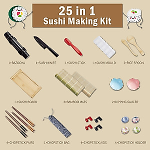 YDGFUHM Deluxe Sushi Making Kit 25-in-1 Bazooka Roller Set, Bamboo Mat,Knife,Sauce Tray,Japanese Sashimi Sushi Bamboo Serving Geta Plate,and More - Perfect for Beginners