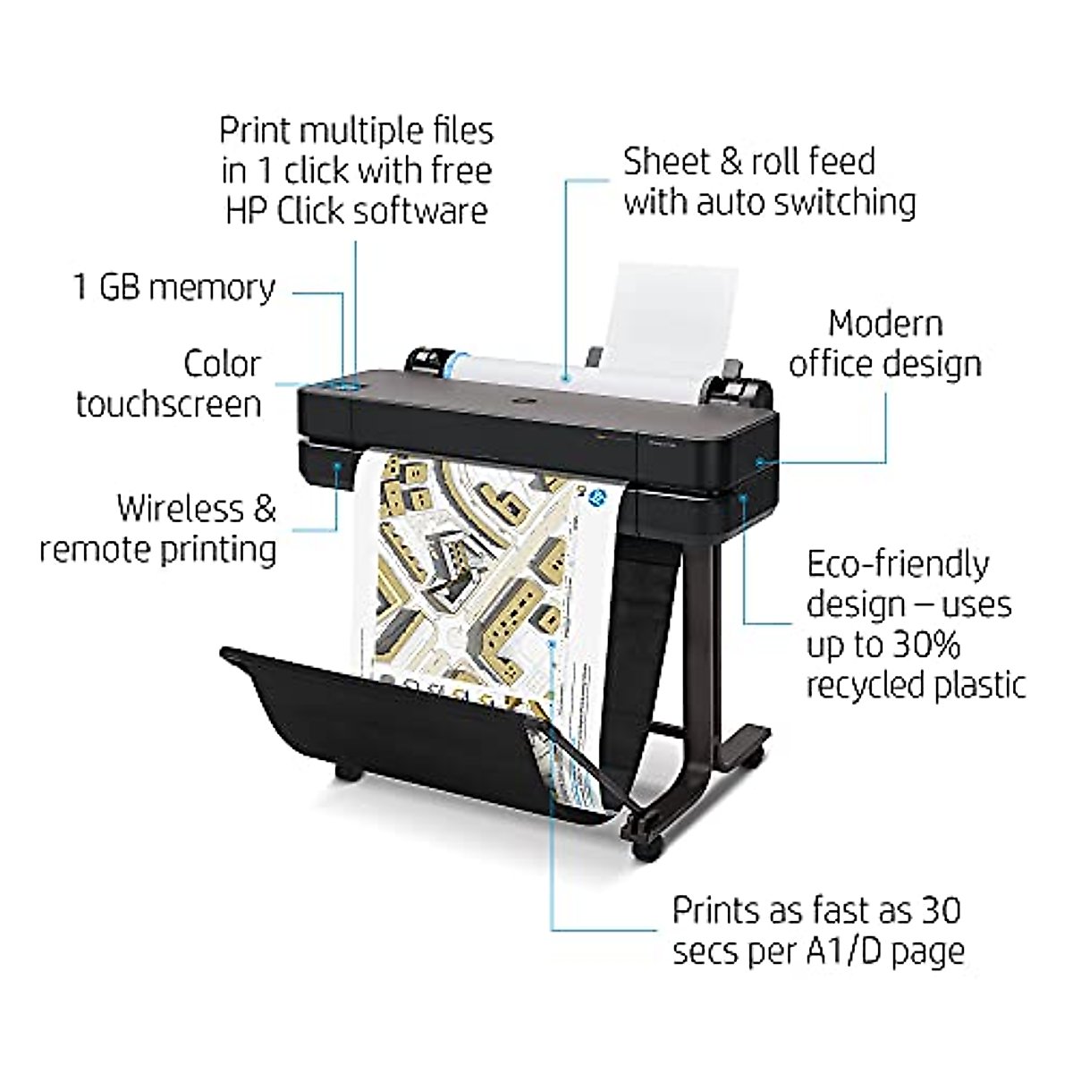HP DesignJet T630 Large Format Wireless Plotter Printer - 24", with Auto Sheet Feeder, Media Bin & Stand (5HB09A) Black