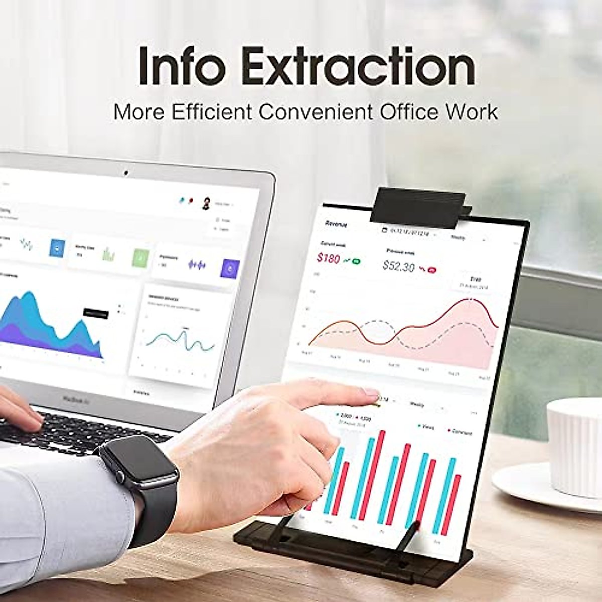 Desktop Document Holder Stand with 7 Adjustable Positions, Black Metal File Organizer Management Copyholder for Typing Speech Reading A4 Letter Music Book Tablet Office, with Paper Clip and Line Guide