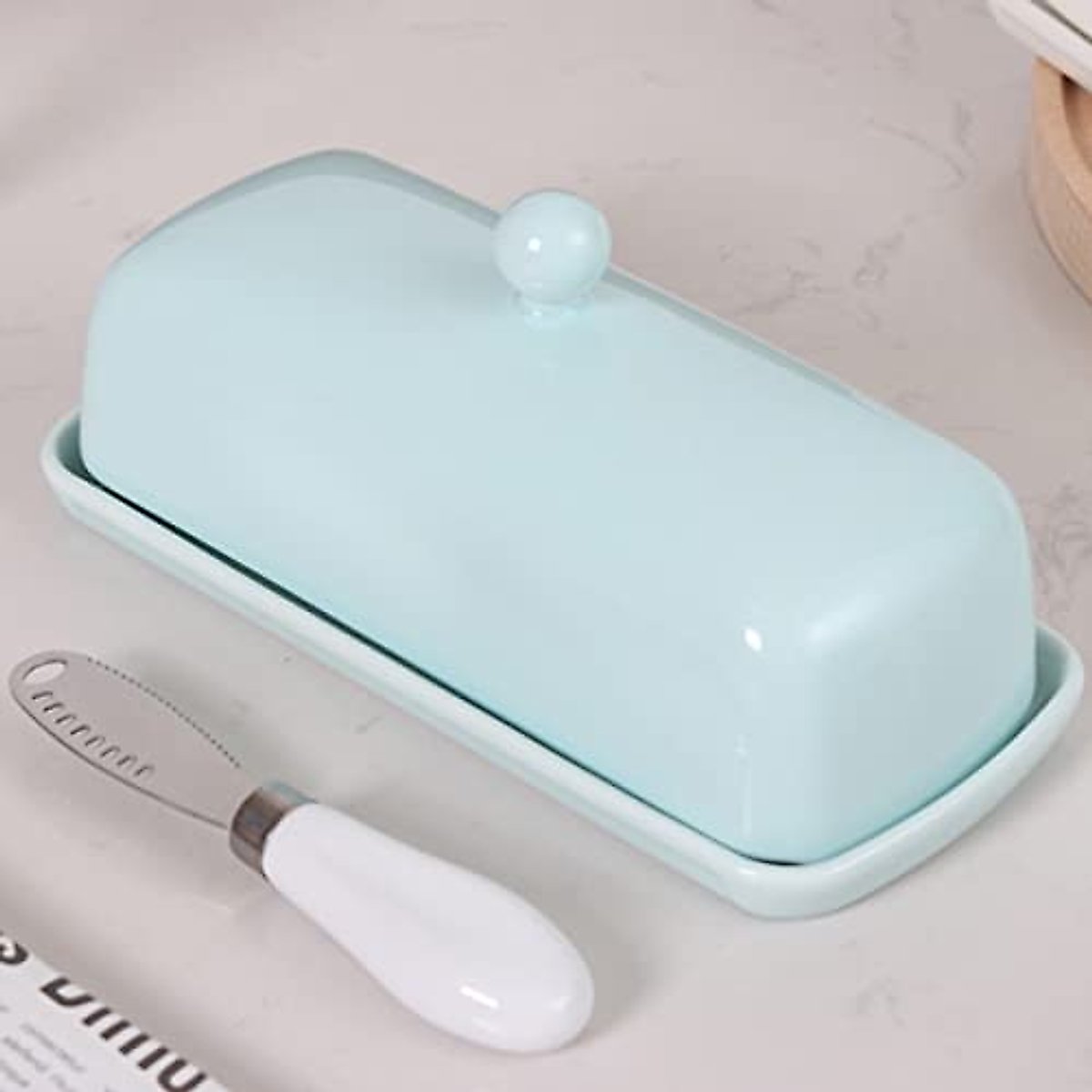 Sheskind Elegant Ceramic Butter Dish with Lid, A Practical Covered Butter Keeper, One Multi-function Butter Knife Included in the Package (light blue)