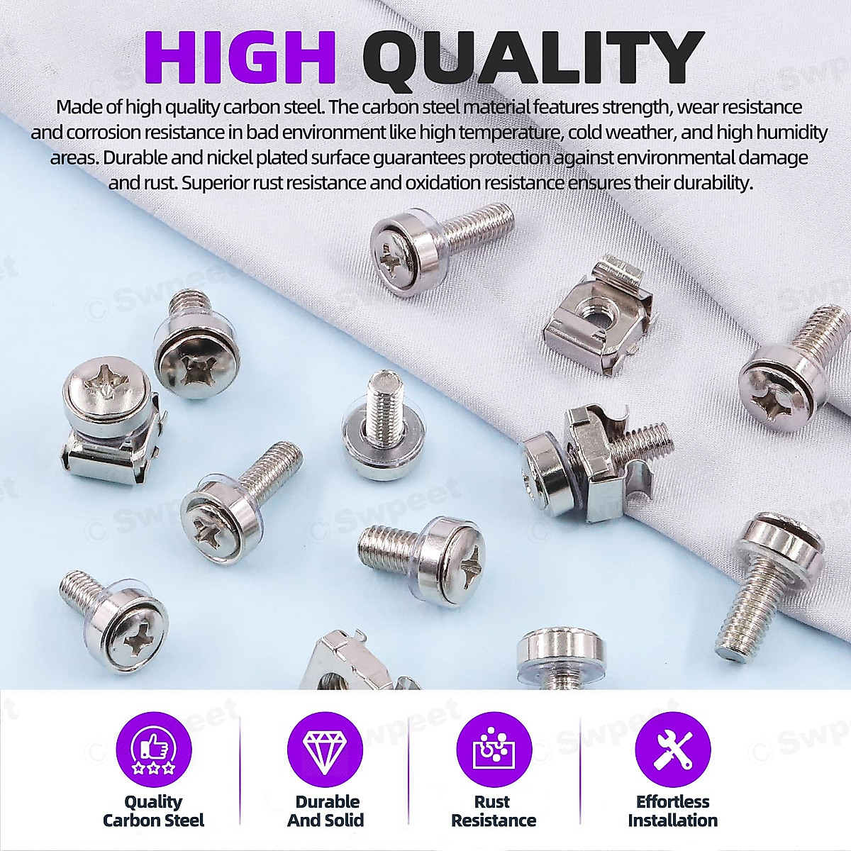 Swpeet 80Packs 4 Sizes M5 M6 Silver Computer Mount Cage Nuts and Screws with Metal & Plastic Washers Assortment Kit, Square Hole Hardware Cage Nuts & Mounting Screws Washers for Rack