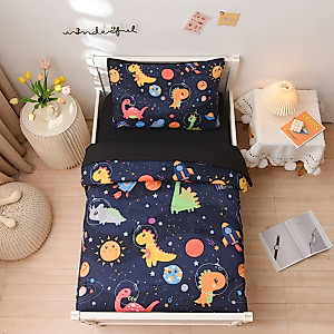 NTBED 4 Pieces Toddler Bedding Set for Baby Girls Boys,Galaxy Space Dinosaur Pattern, Includes Comforter, Flat Sheet, Fitted Sheet and Pillowcase