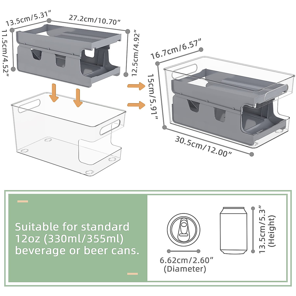 UDEAR Stackable Soda Can Dispenser Rolling Pop Cans Organizer for Refrigerator Fridge Storage for 8 Drink Cans,Grey
