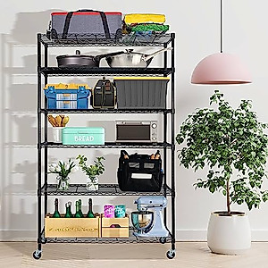 6 Tier Metal Shelving Unit 2100Lb Capacity Adjustable Shelves for Storage, Heavy Duty Wire Shelf with Wheels & Feet 48" L×18" W×72" H Layered Storage Rack for Restaurant Garage Pantry Kitchen Basement