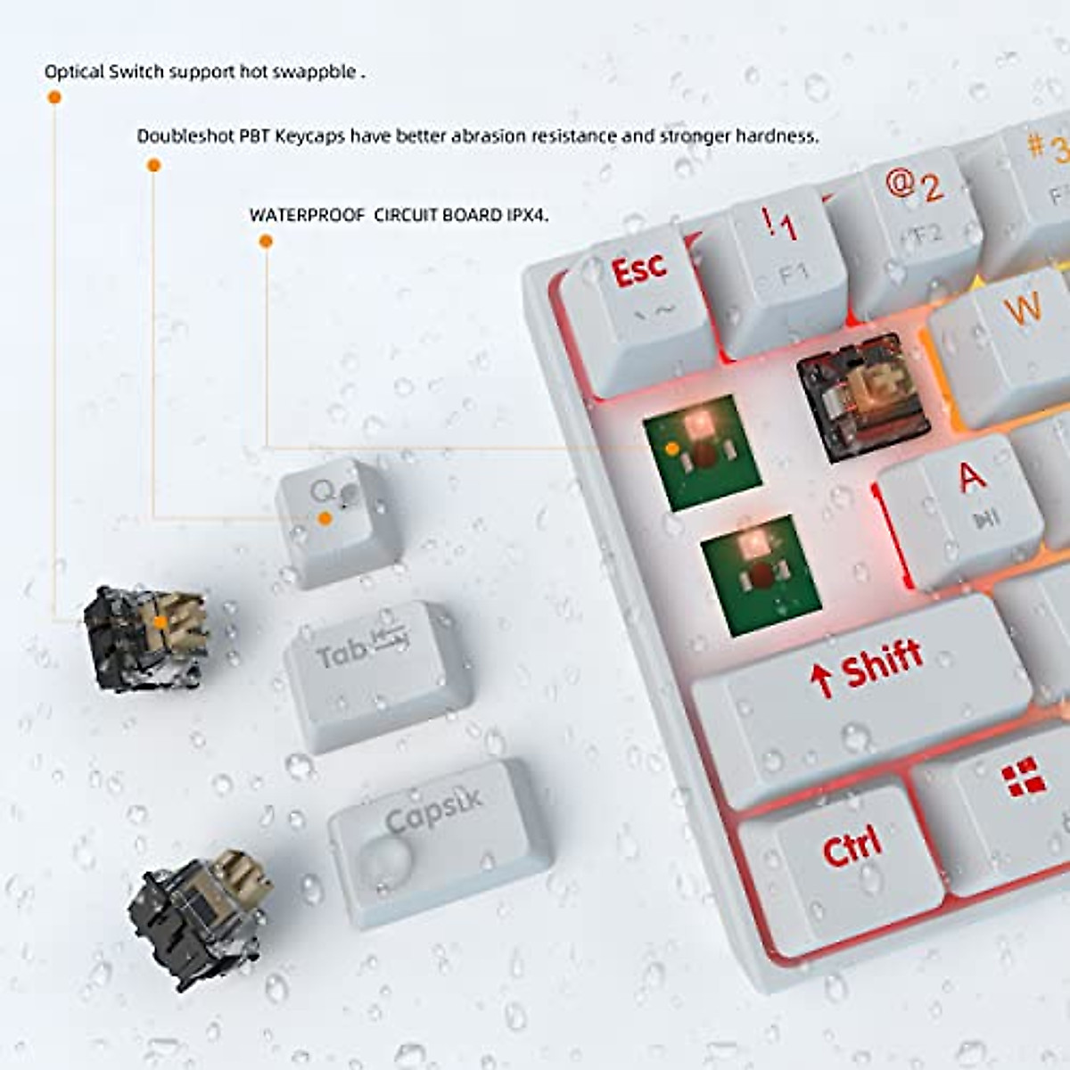 Ractous RTK63P 60% Mechanical Gaming Keyboard RGB Backlit PBT keycaps 63key Ultra-Compact Wired Keyboard Programmable for PC/Mac Gamers,Hot-Swappable Optical Blue Switch (White)