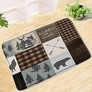 Cabin Bathroom Mat Retro Rustic Lodge Bear Moose Deer Elk Wolf Forest Adventure Awaits Buffalo Plaid Country Hunting Style Home Kitchen Flannel Non-Slip Rug Doorway Welcome Carpet 29.5x17.7inch