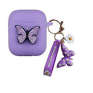 Compatible with AirPods Butterfly Case, Shockproof Silicone 3D Butterfly Airpods 2&1 Cover Pattern Keychain Women Girls Gift for Apple Airpods 2 Charging Case (Purple)
